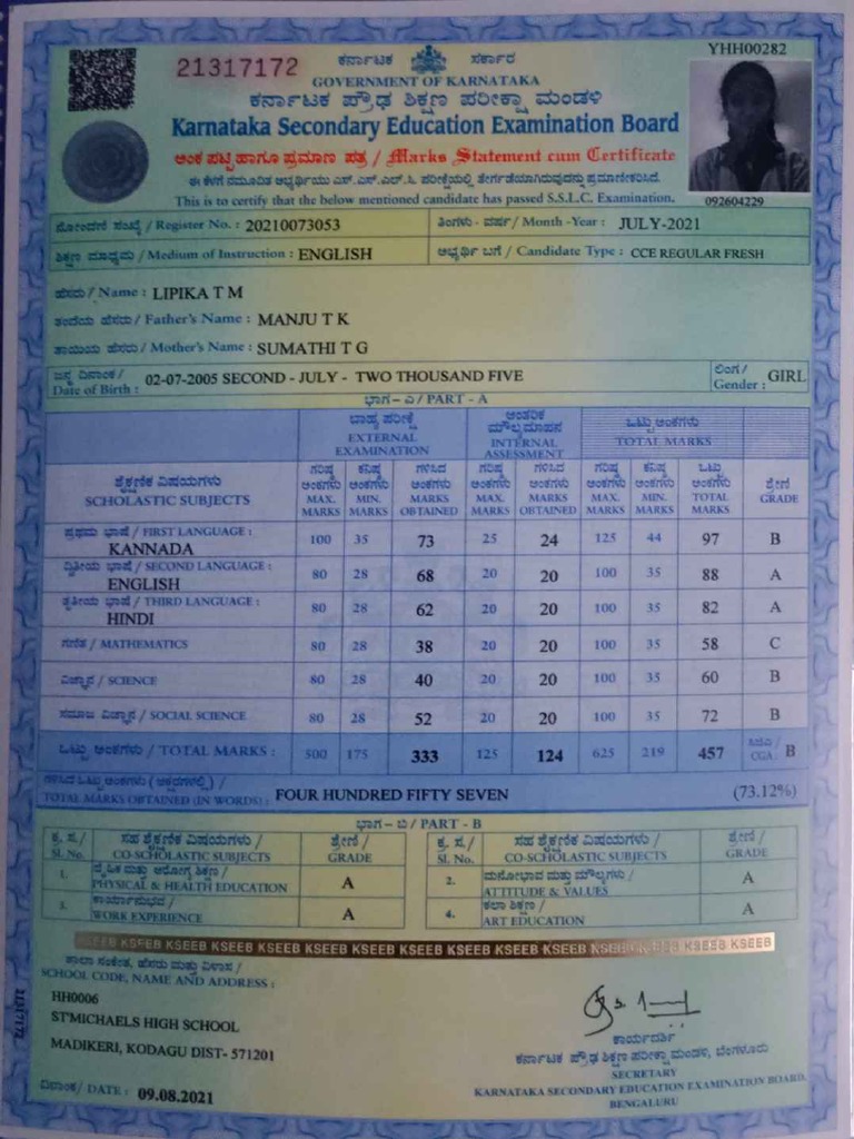 Karnataka SSLC Exam Marks Statement | PDF