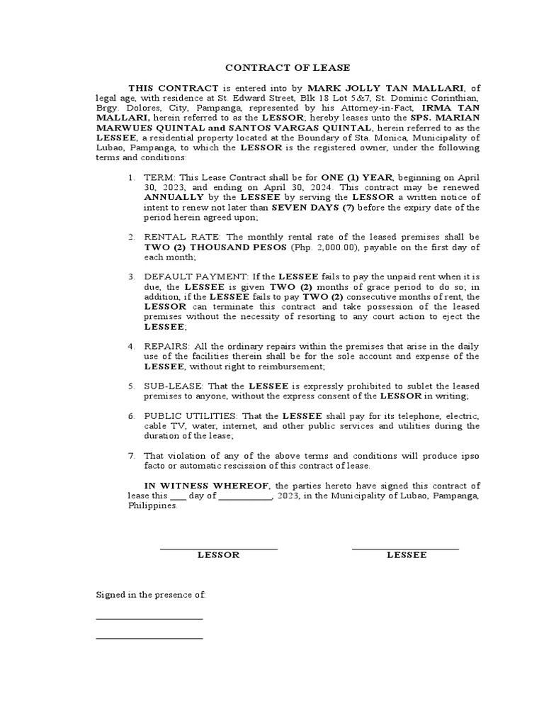 Contract of Lease | PDF