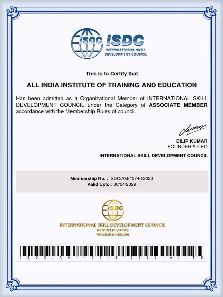Certificate of Associate Membership for the All India Institute of ...