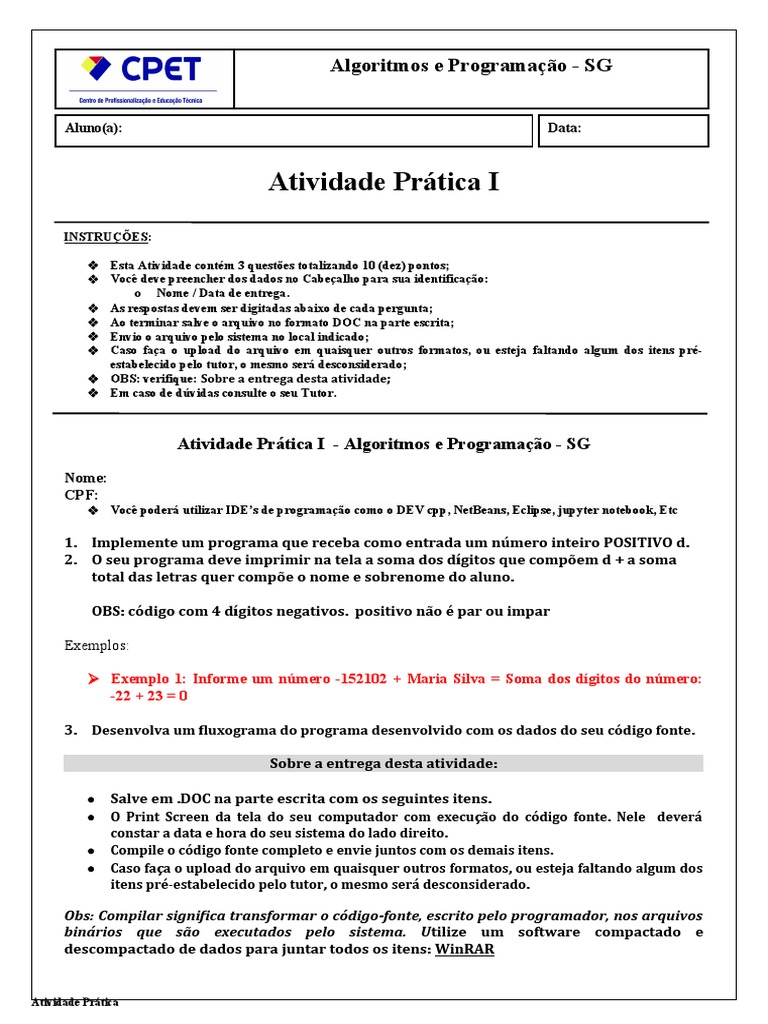 Atividade Prática I Algoritmos E Programação Pdf