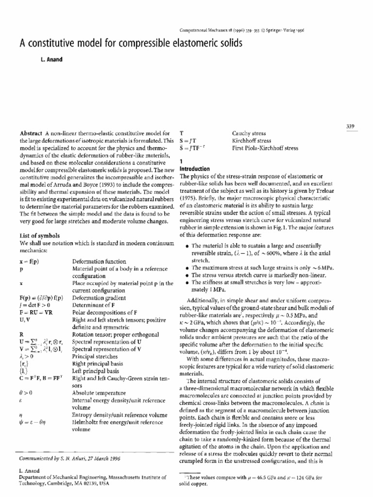 A Constitutive Model For Compressibleelastomericsolids | PDF | Elasticity (Physics) | Young's ...