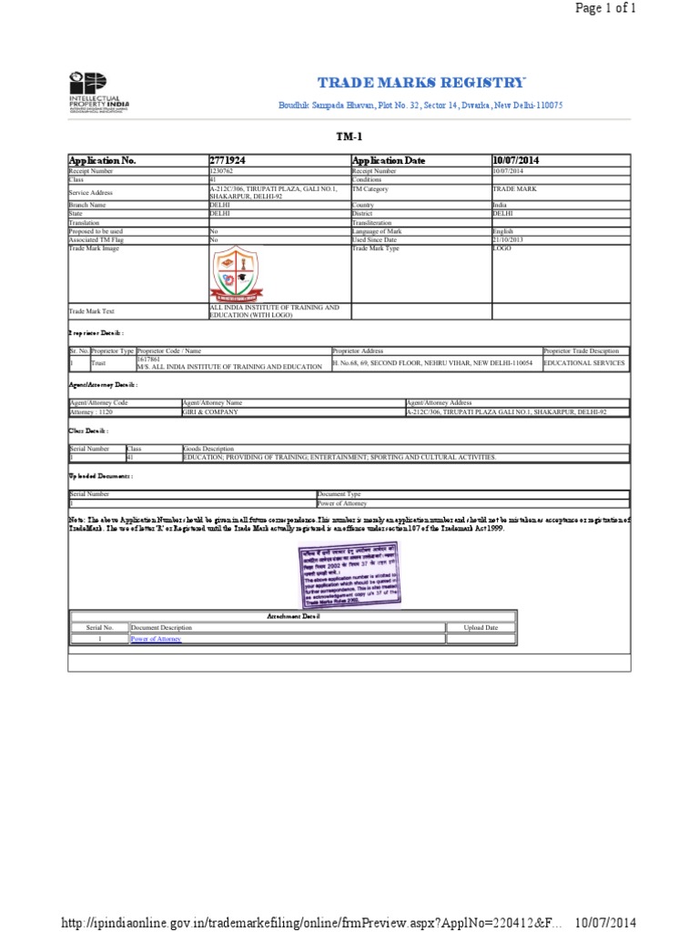 Trade Marks Registry: TM-1 Application No. 2771924 Application Date 10 ...