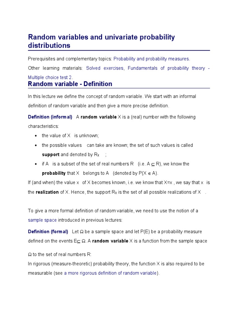 Random variables and univariate probability distributions in 40 characters | PDF | Probability ...