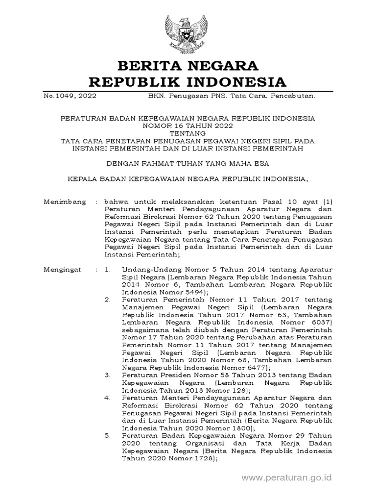Peraturan BKN Nomor 16 Tahun 2022 | PDF
