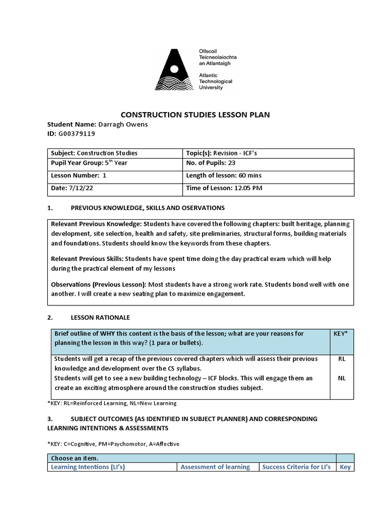 Construction Studies Lesson Plan: Student Name: Darragh Owens ID ...