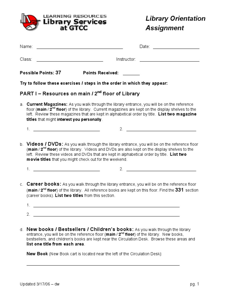Library Orientation Assignment: Name: Date: Class: Instructor | PDF ...