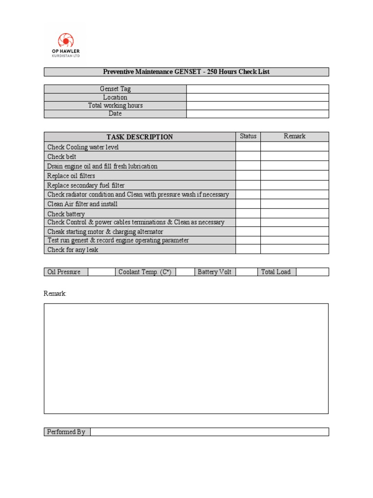 Preventive Maintenance GENSET - 250 Hours Check List | PDF