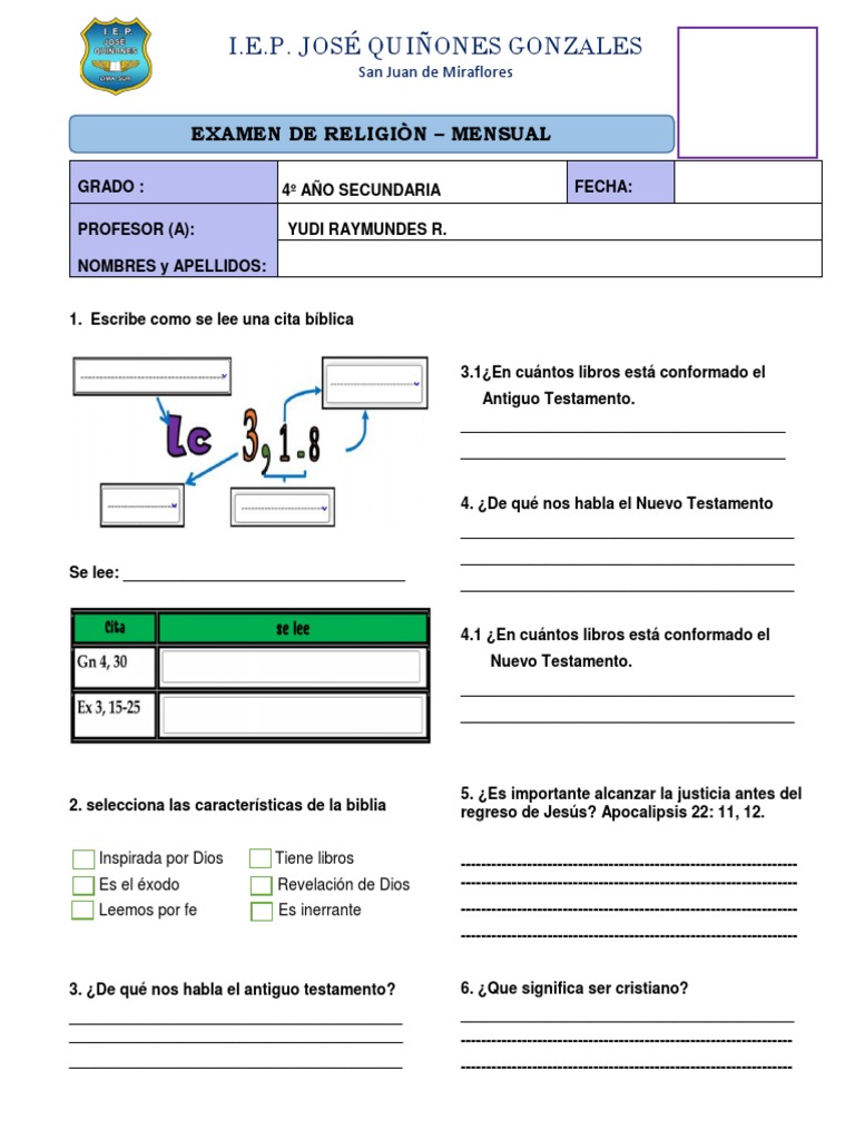 EXAMEN DE RELIGION 4 To SECUNDARIA | PDF | Creencia religiosa y doctrina | Religiones abrahámicas
