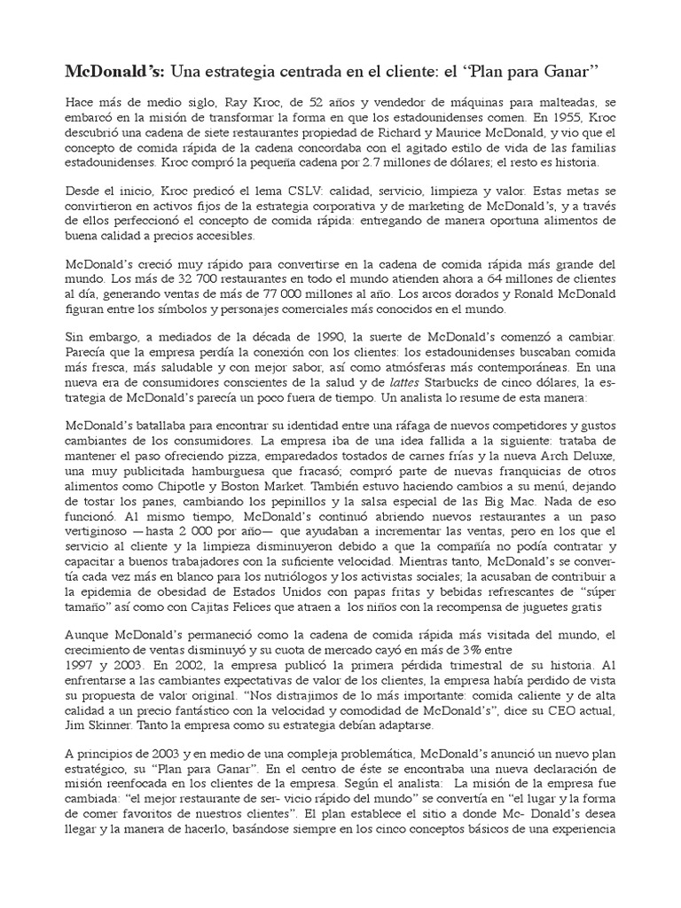 Caso McDonalds Estrategia Centrada en El Cliente | PDF | Mc Donald's | Alimentos