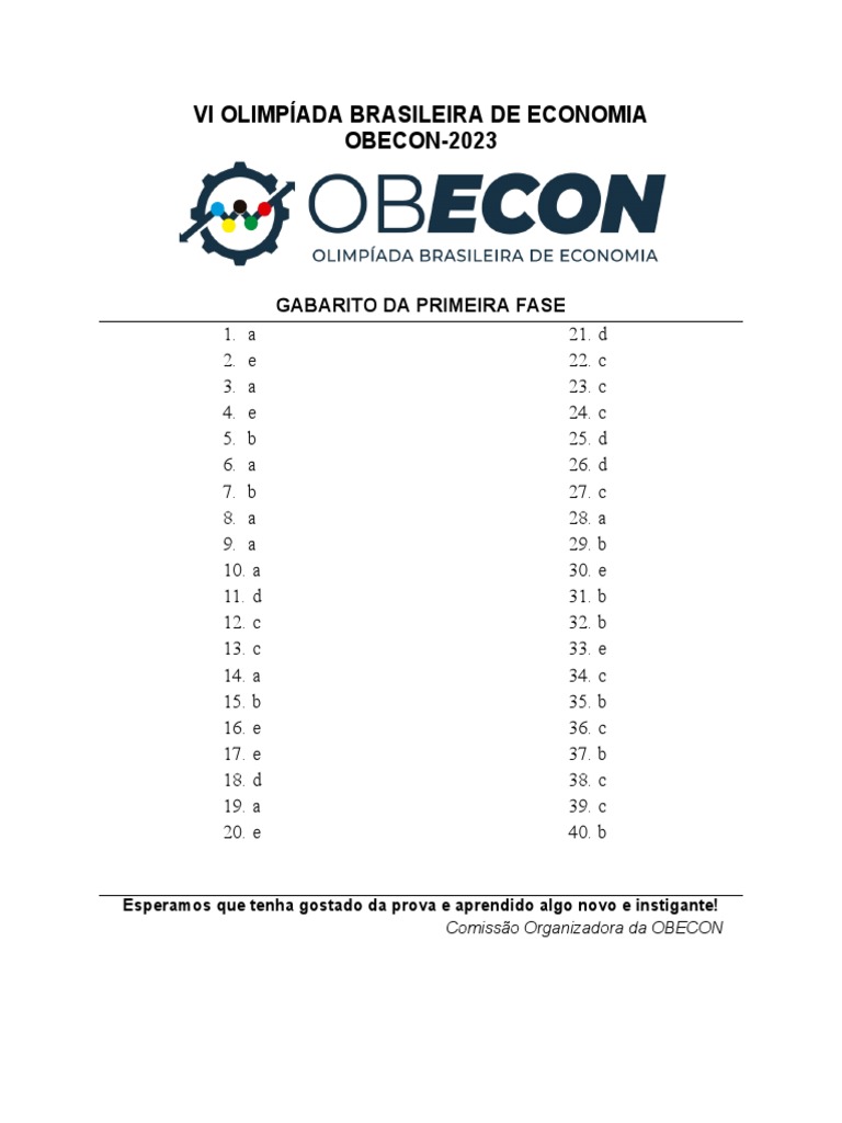 OBECON 2023 - Gabarito Da Primeira Fase (Pré-Recurso) | PDF