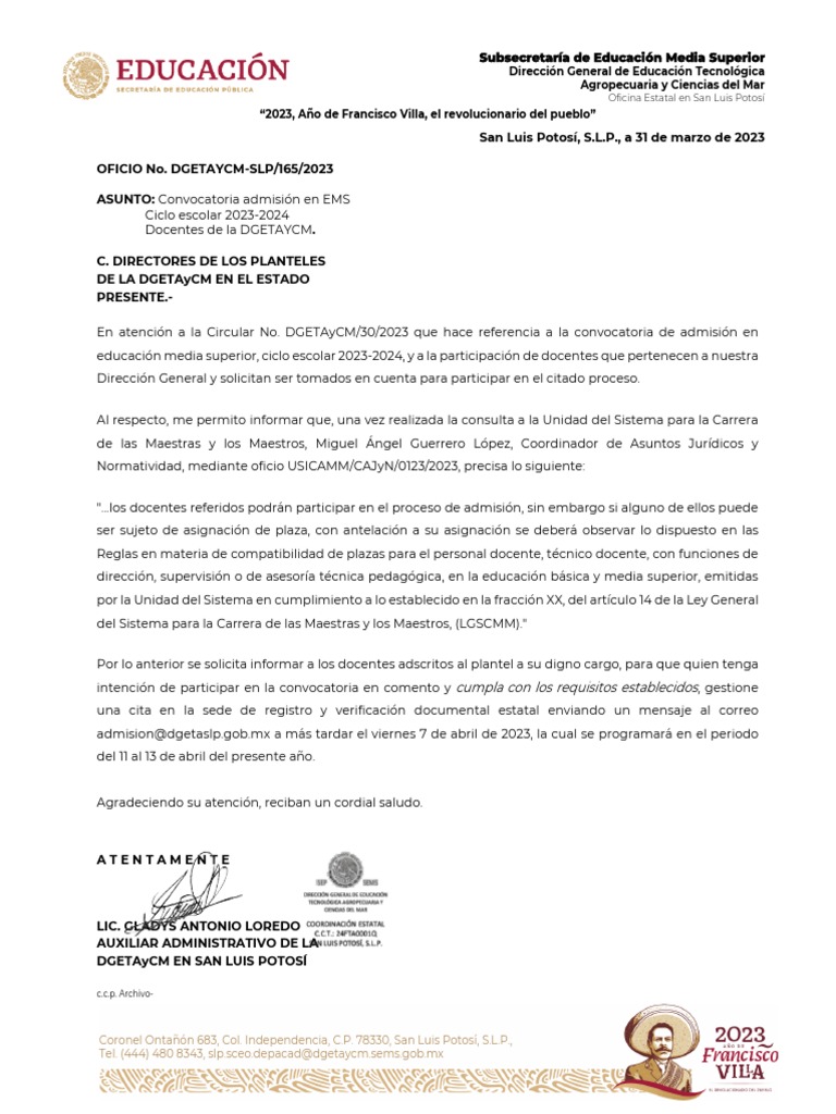 Oficio DGETAYCM - SLP - 165 - 2023 | PDF