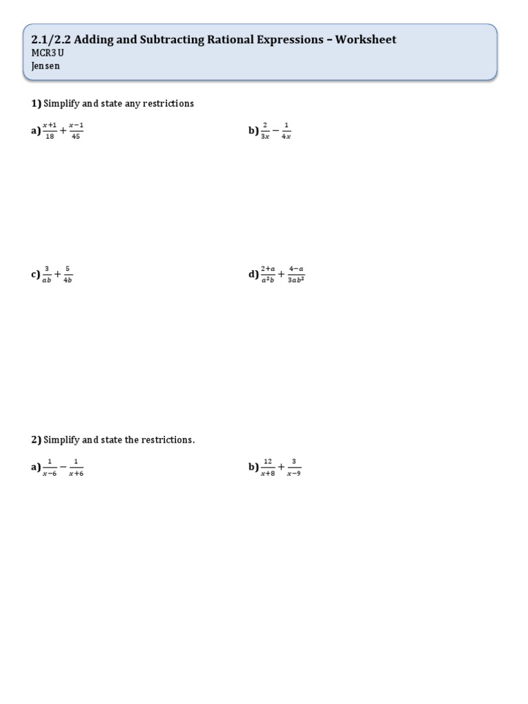 2.1/2.2 Adding and Subtracting Rational Expressions - Worksheet | PDF ...