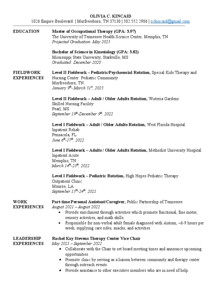 Olivia Kincaid Ot Resume | PDF | Occupational Therapy | Physical Therapy