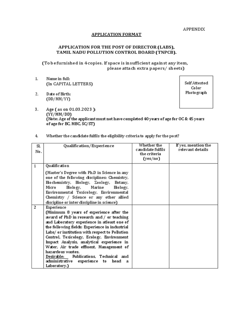 Appendix: Application Format Application For The Post of Director (Labs ...