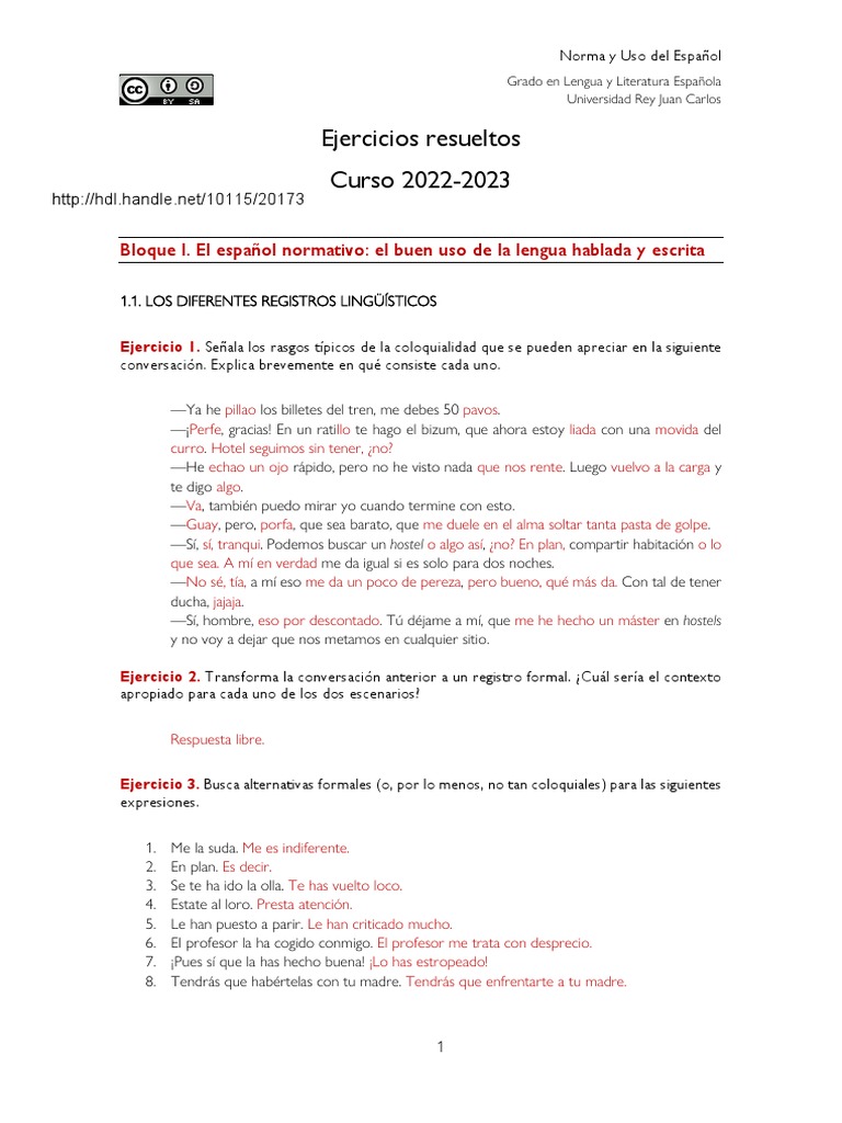 Ejercicios Resueltos Curso 2022-2023: Bloque I. El Español Normativo ...