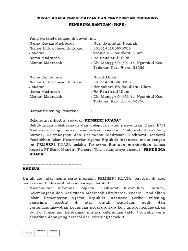Surat Kuasa Pemblokiran Dan Pendebetan Rekening Penerima Bantuan (SKPR) | PDF