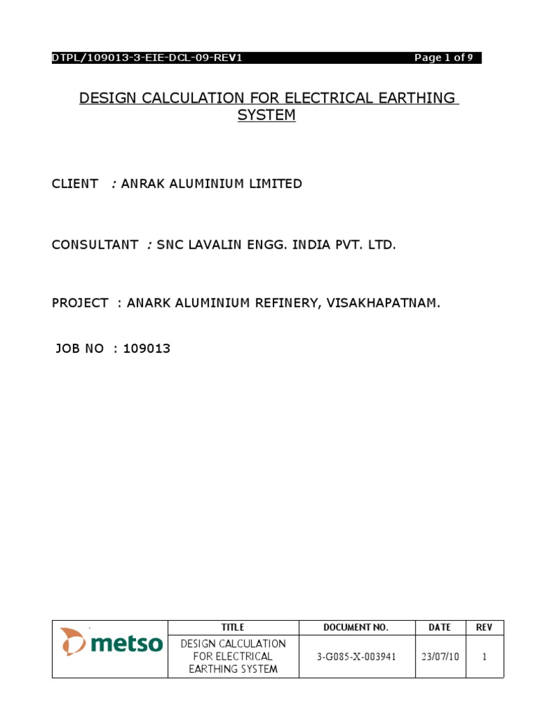 Design Calculation For Electrical Earthing System: Client: Anrak ...
