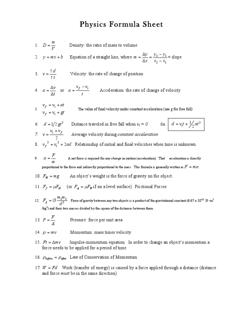 Physics Formula Sheet | PDF | Velocity | Force