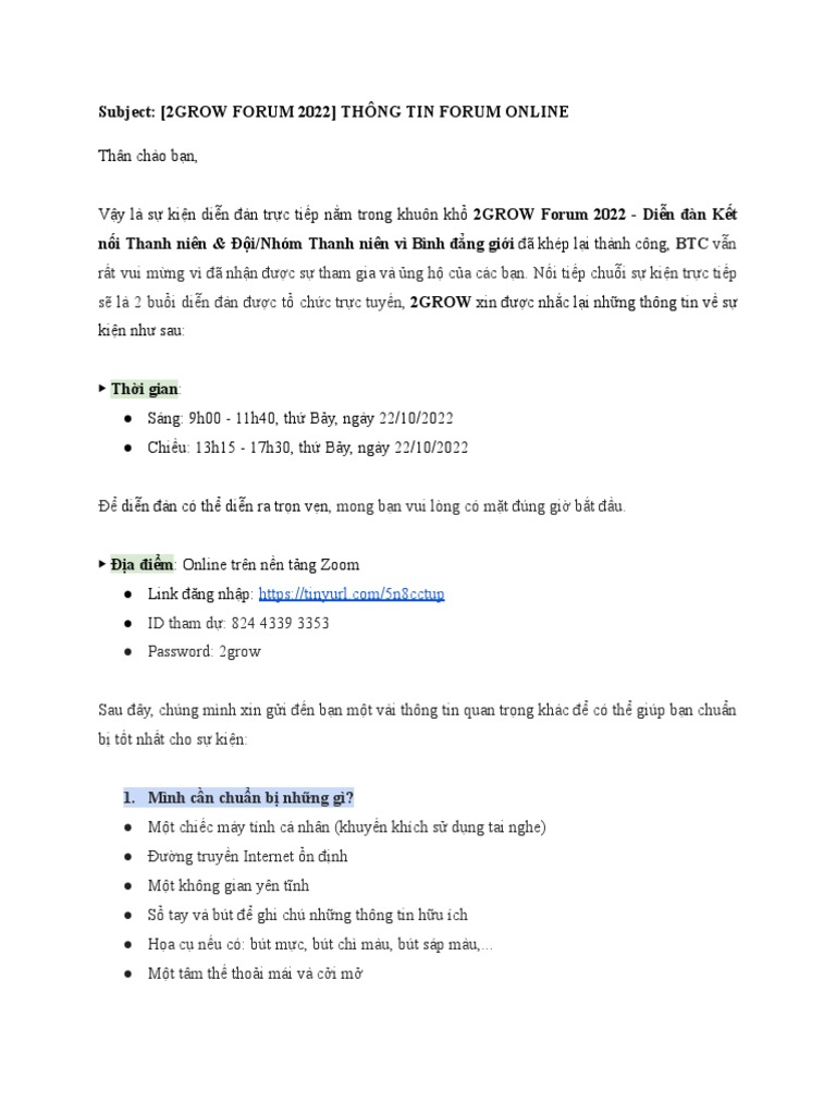 BTC vẫn: Subject: (2Grow Forum 2022) Thông Tin Forum Online | PDF