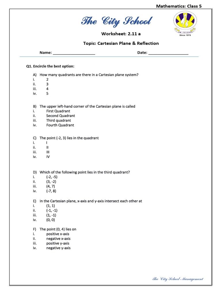 Class 5 Worksheet 2.11 A - Cartesian Plane & Reflection | PDF