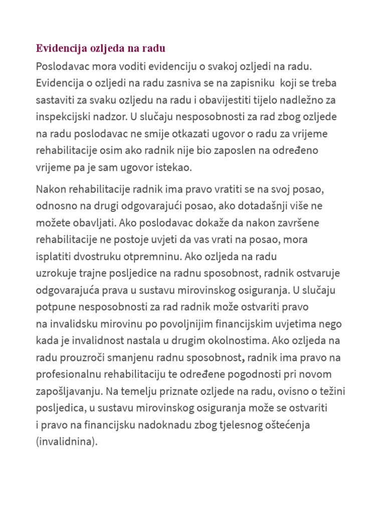 Evidencija Ozljeda Na Radu | PDF
