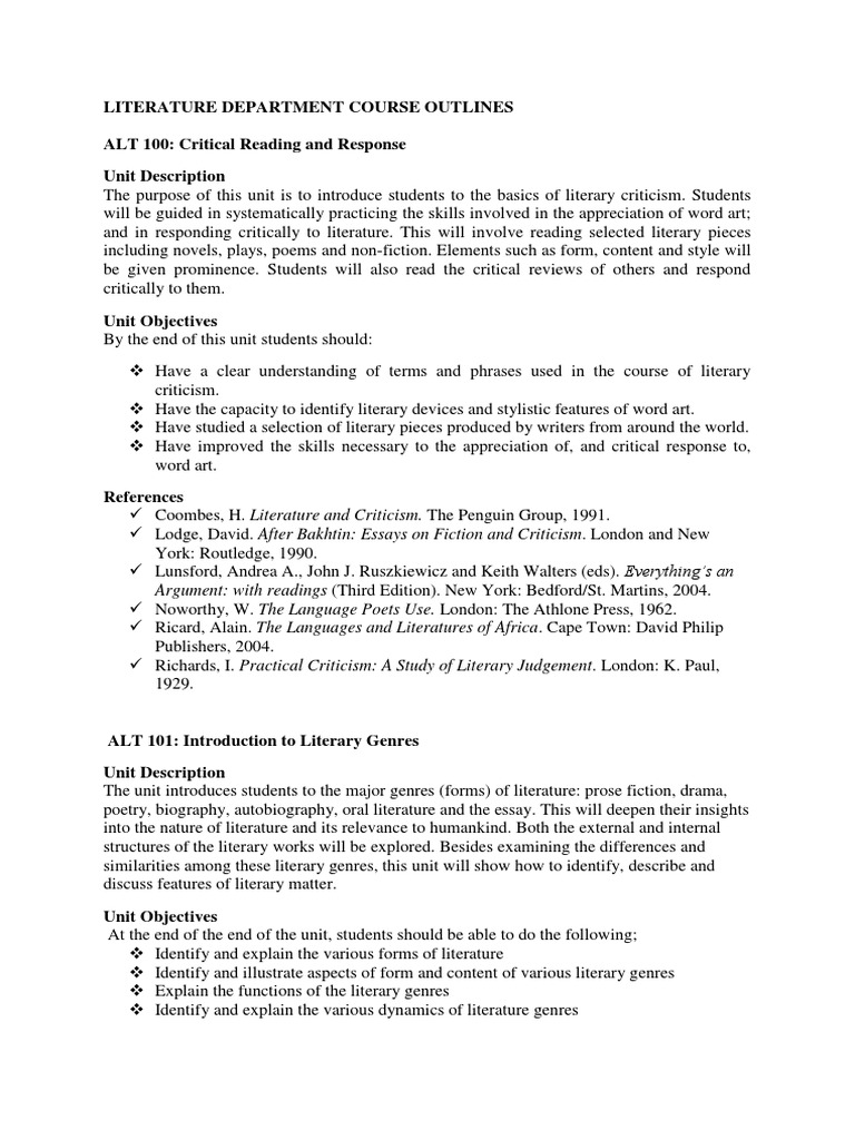 Literature Department Course Outlines | PDF | Aesthetics | Oral Literature