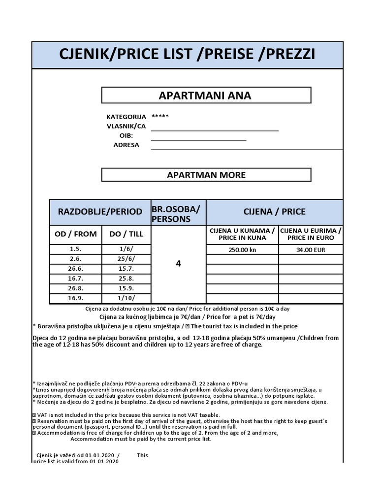 Cjenik/Price List /preise /prezzi: Apartmani Ana | PDF