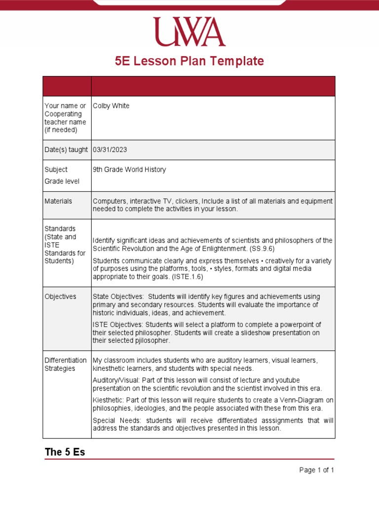 Colby Whites 5e Lesson Plan | PDF | Age Of Enlightenment | Lesson Plan
