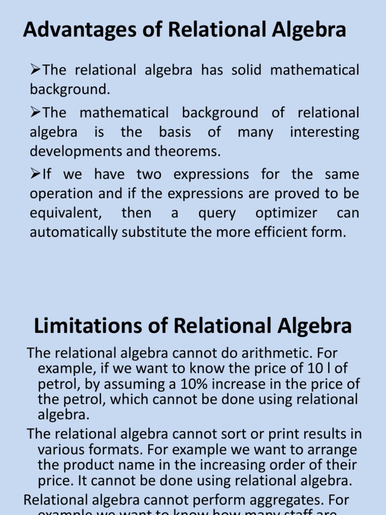Advantages of Relational Algebra | PDF | Relational Model | Relational ...