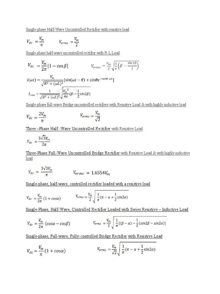 Rectifiers Formula Sheet | PDF | Science & Mathematics