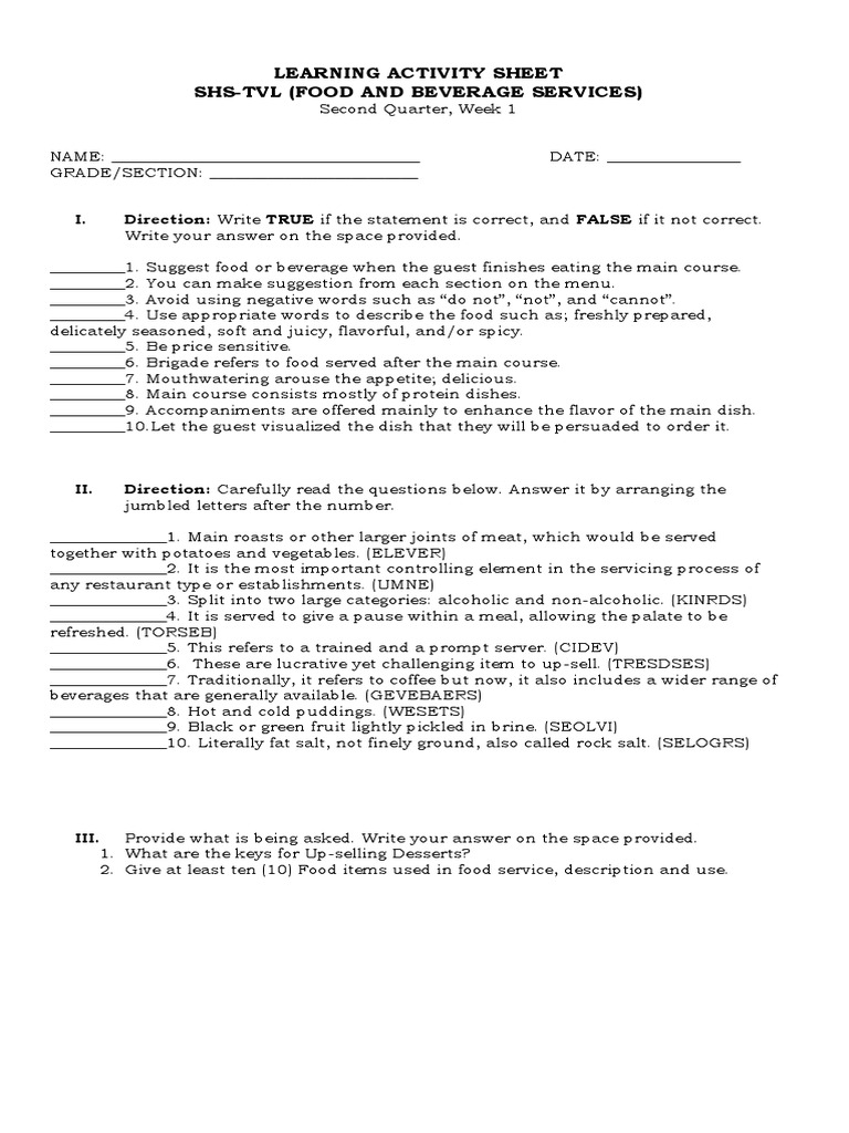 Learning Activity Sheet SHS-TVL (Food and Beverage Services) | PDF | Tableware | Menu