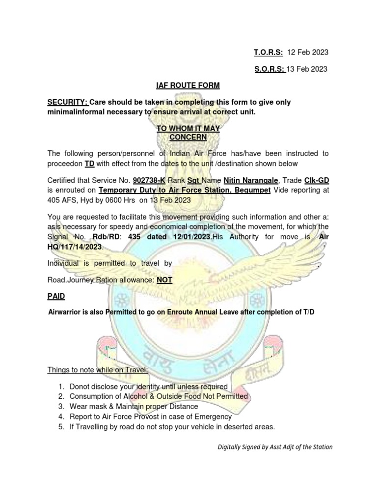 Movement Orders: Temporary Duty Travel Authorization for Sergeant Nitin ...