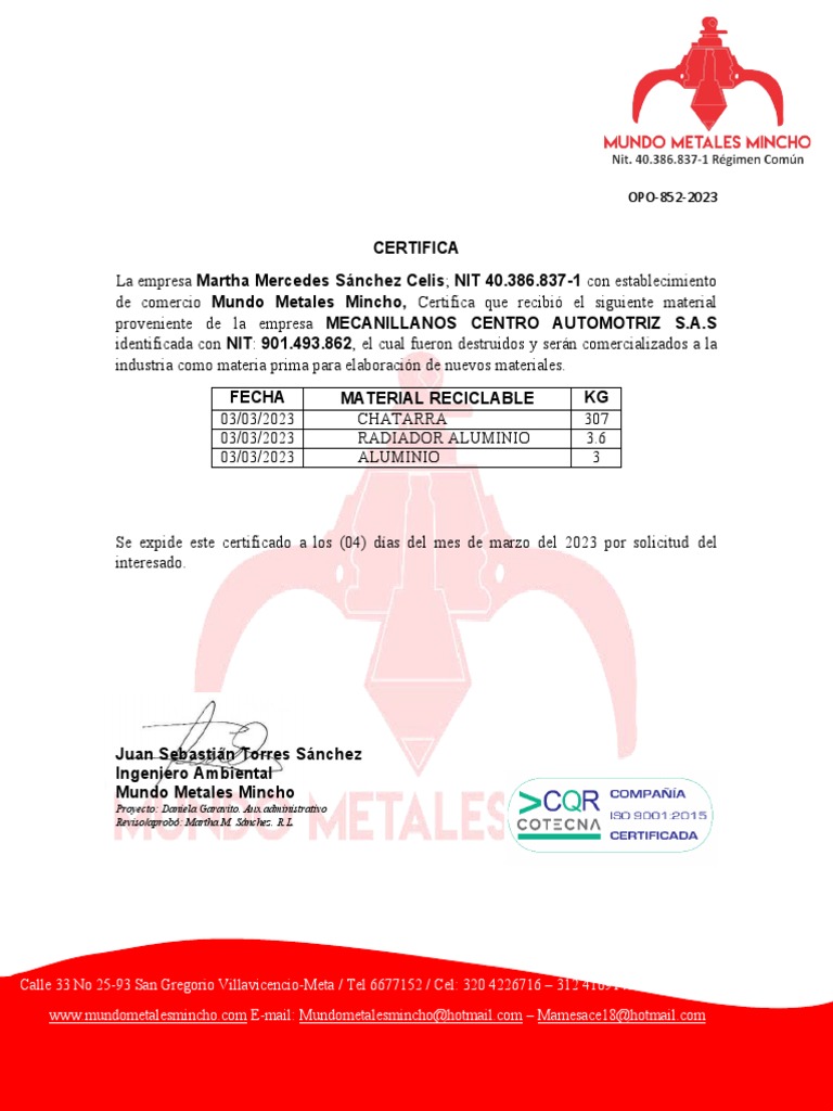 Certificado Chatarra Marzo | PDF