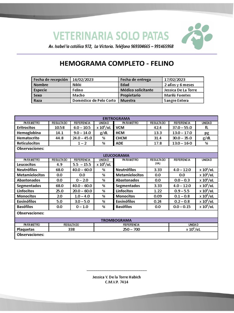 Hemograma Completo - Felino: Parámetro Resultado Referencia Unidad ...