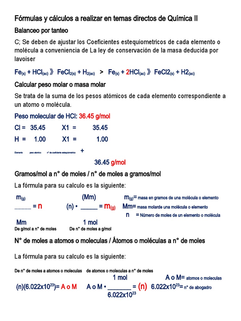 Temas de Quimica II Formulas | PDF | Estequiometría | Mole (Unidad)