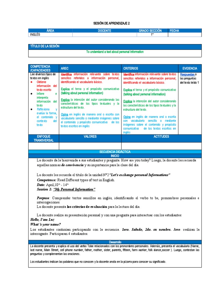 PC - Sesión de Aprendizaje 2 - Inglés - 1° | Descargar gratis PDF | Modificación de ...