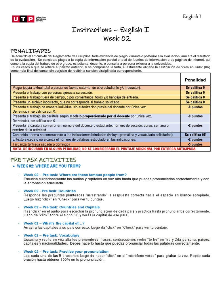 Week 02 - Indicaciones en Español para El Alumno - Inglés 1 | Descargar gratis PDF | Plagio ...