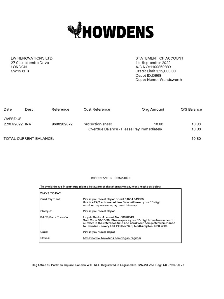 Statement of Account for LW Renovations Ltd Detailing an Overdue ...