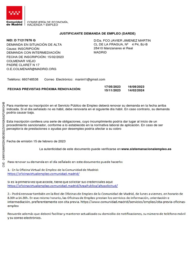 Justificante Demanda de Empleo (Darde) NID: D 71217676 Q | PDF