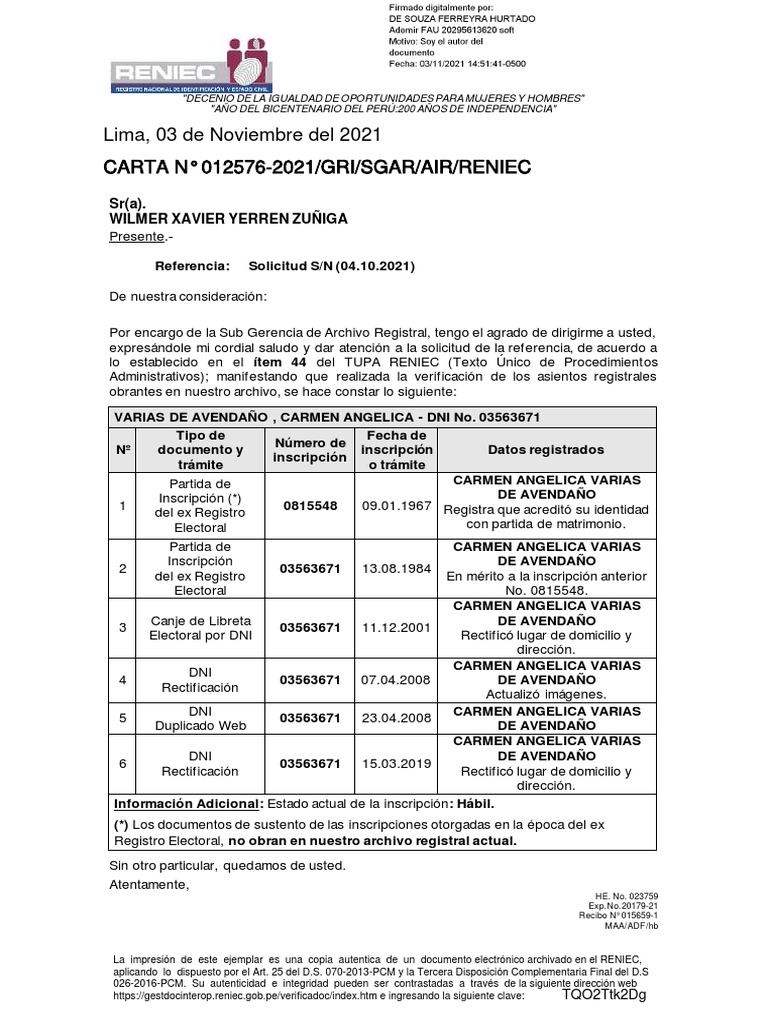 Detalles de inscripciones registrales de una persona en RENIEC | PDF ...