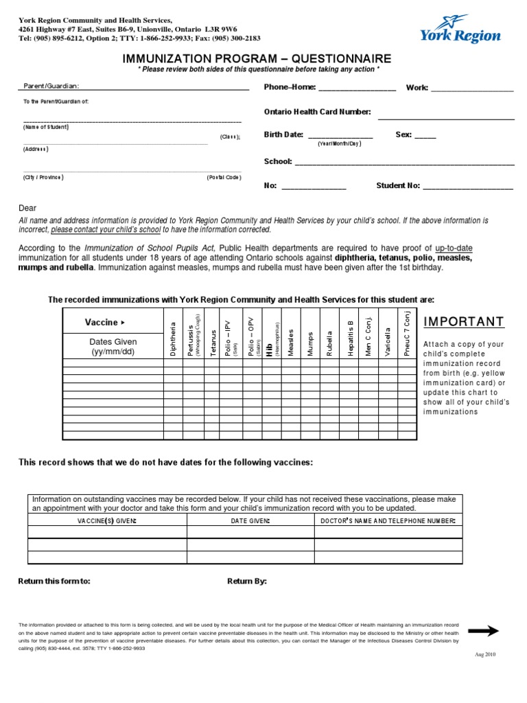 Immunization Program - Questionnaire: Important | PDF | Vaccines ...
