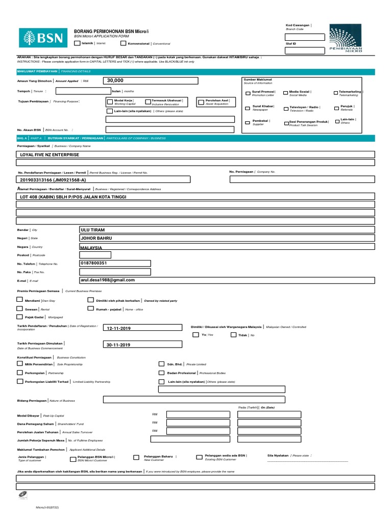Loyal Five NZ Enterprise: BSN Micro/I Application Form | PDF | Business | Corporate Jargon