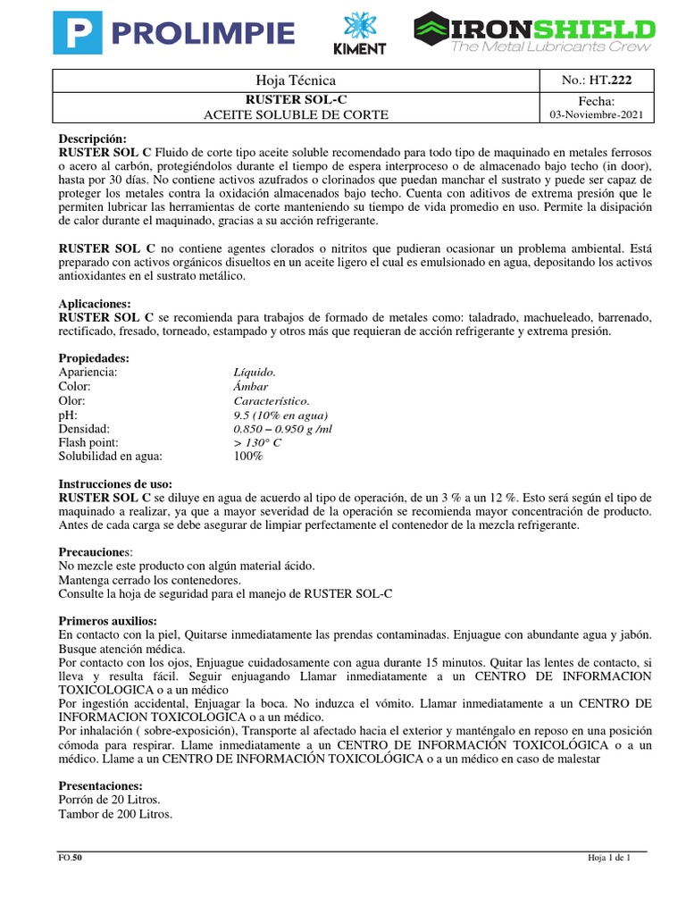 HT.222 RUSTER SOL-C ACEITE SOLUBLE DE CORTE Rev 2021 | PDF | Agua | Petróleo