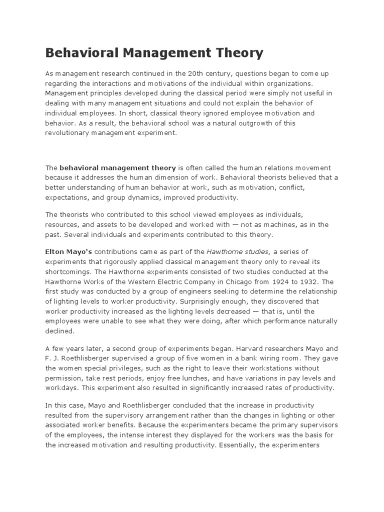 Behavioral Management Theory Pdf Motivation Motivational