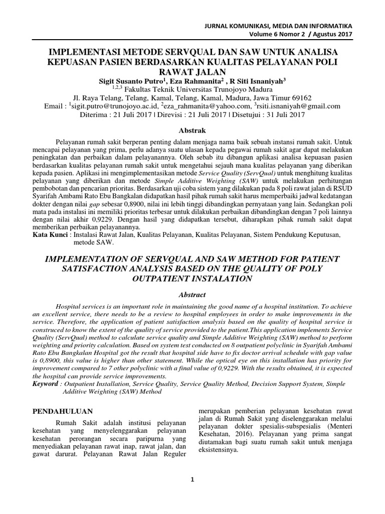 Implementasi Metode Servqual Dan Saw Untuk Analisa Kepuasan Pasien Berdasarkan Kualitas ...