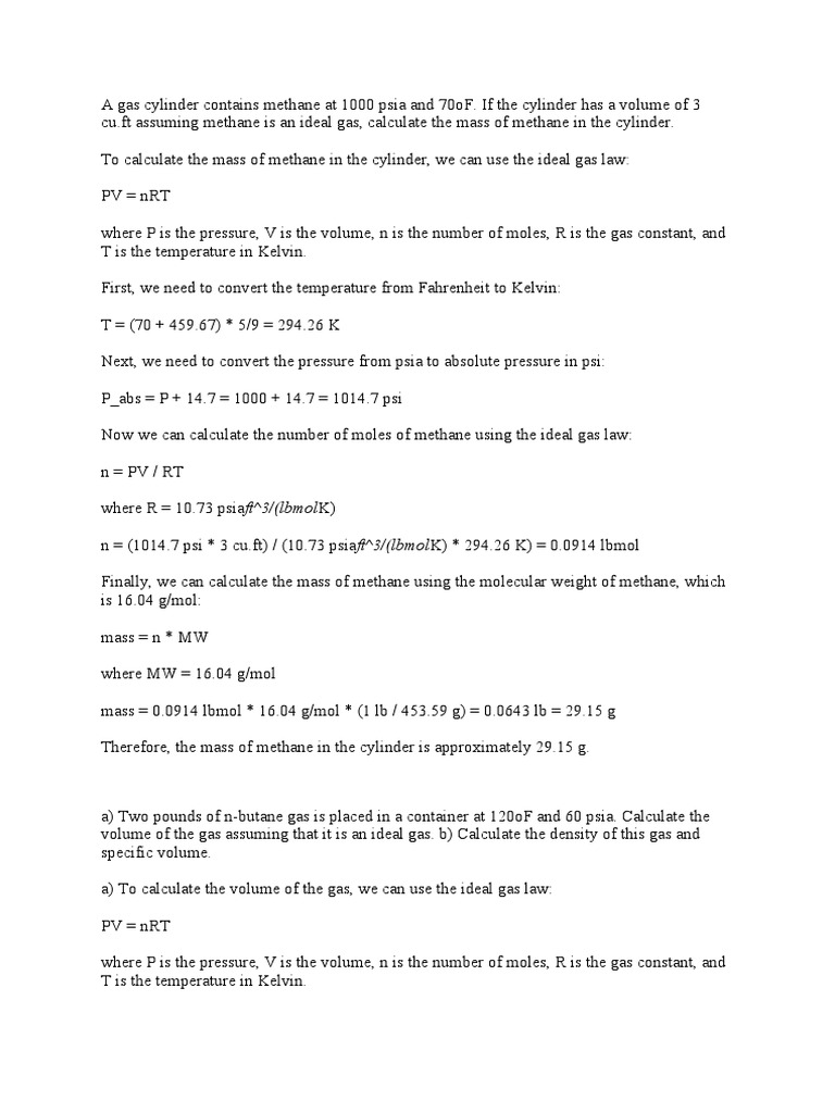 A Gas Cylinder Contains Methane at 1000 Psia and 70of | PDF | Mole ...