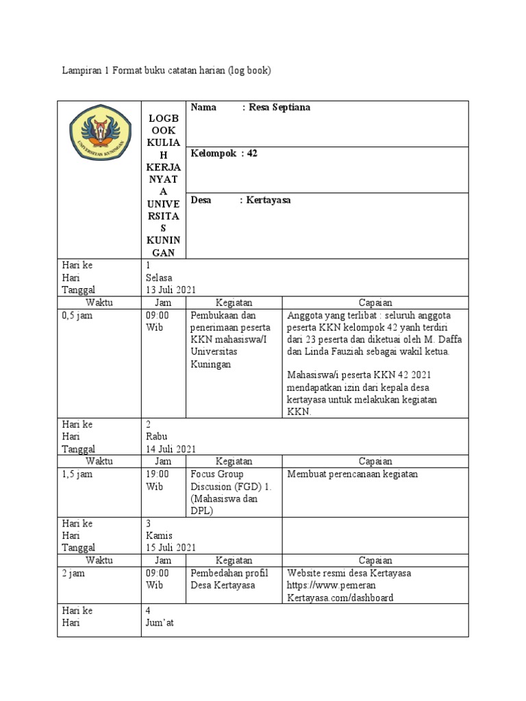 Lampiran 1 Format Buku Catatan Harian | PDF