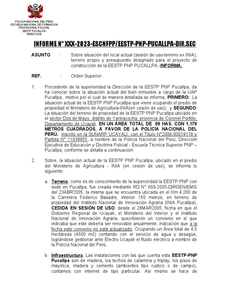 Informe Situación de La Eestp PNP Pucallpa Actual | PDF | Perú | Policía