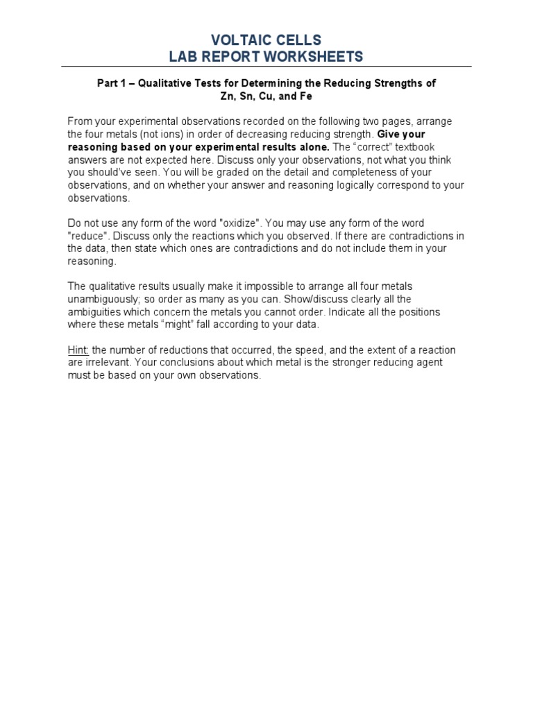 Voltaic Cells Worksheets | PDF | Redox | Chemistry