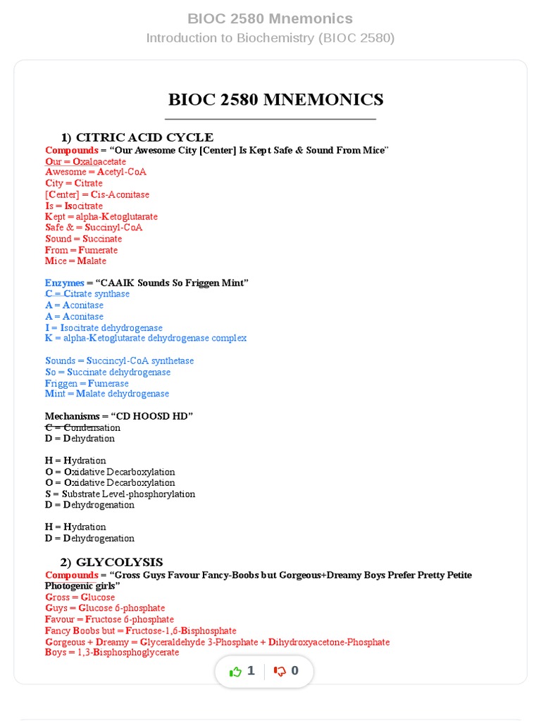 Bioc 2580 Mnemonics | PDF | Structural Biology | Biochemistry